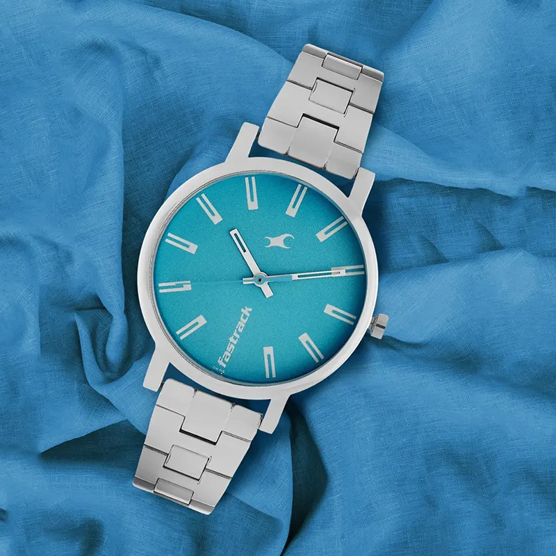 Fastrack Fundamentals Eastern Blue Dial Silver Ladies Watch- 68010SM02 ...