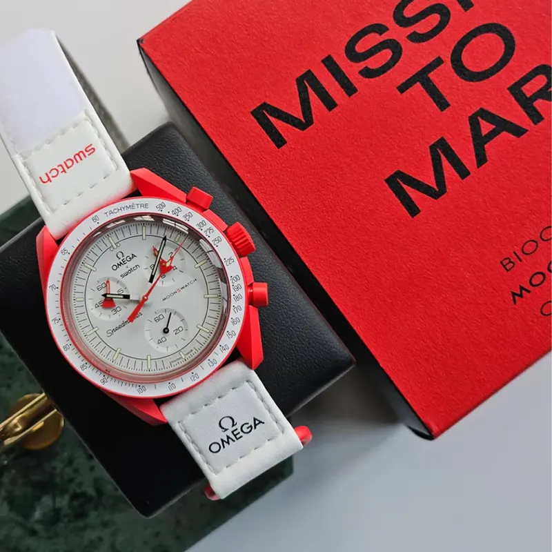 Omega x Swatch Fiery Red Mission to Mars Bioceramic Moonswatch SO33R100 ...
